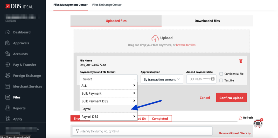 Upload bank file to Singapore DBS Ideal