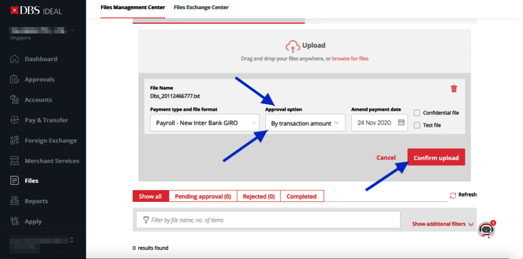 Upload bank file to Singapore DBS Ideal