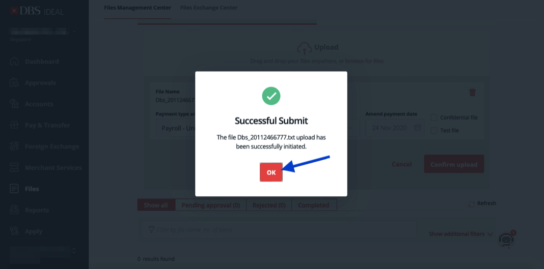 Upload bank file to Singapore DBS Ideal