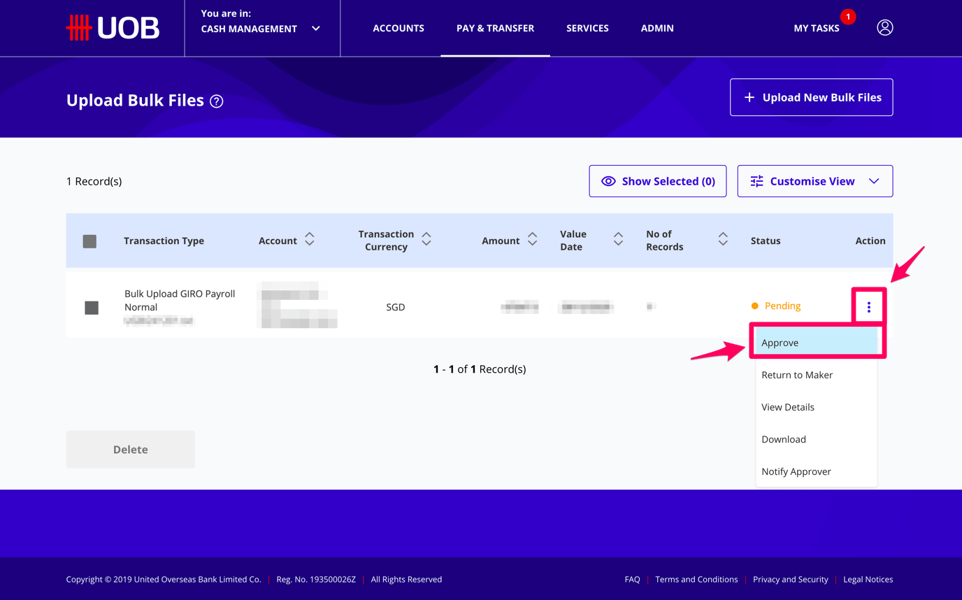 Upload bank file to Singapore UOB Infinity